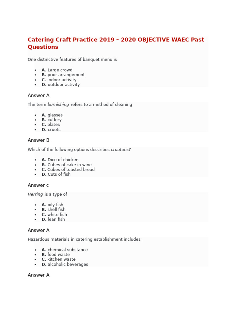 Catering Craft Practice 2019-2020 WAEC Past Questions OBJECTIVE | PDF ...