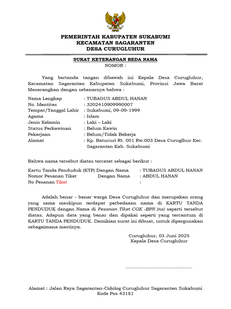 Surat Keterangan Beda Nama | PDF