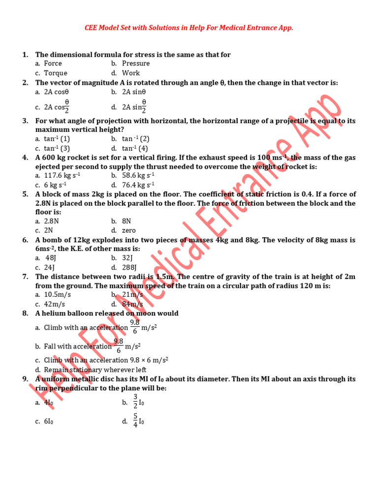 New CEE Model Set With Solutions | PDF | Force | Wavelength
