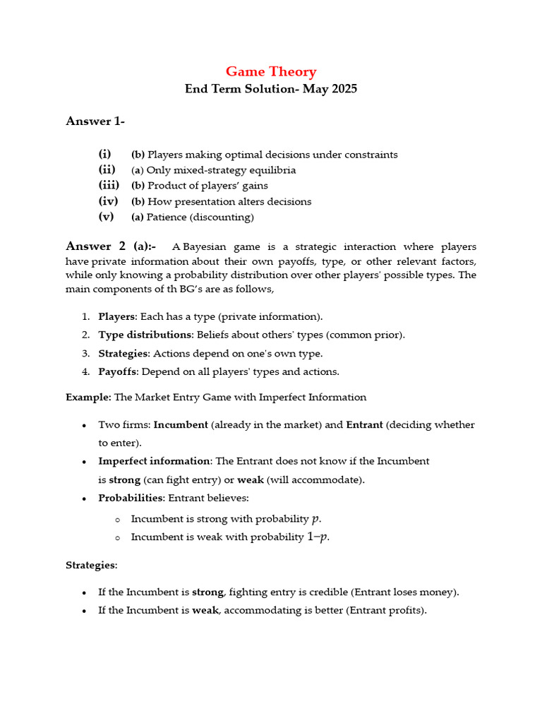 Game Theory (End Sem) - Solution | PDF | Mathematical Economics | Economics Of Uncertainty