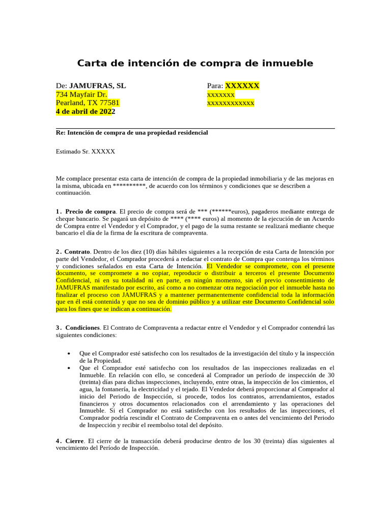 Modelo de Carta de Intención de Compra de Inmueble | PDF
