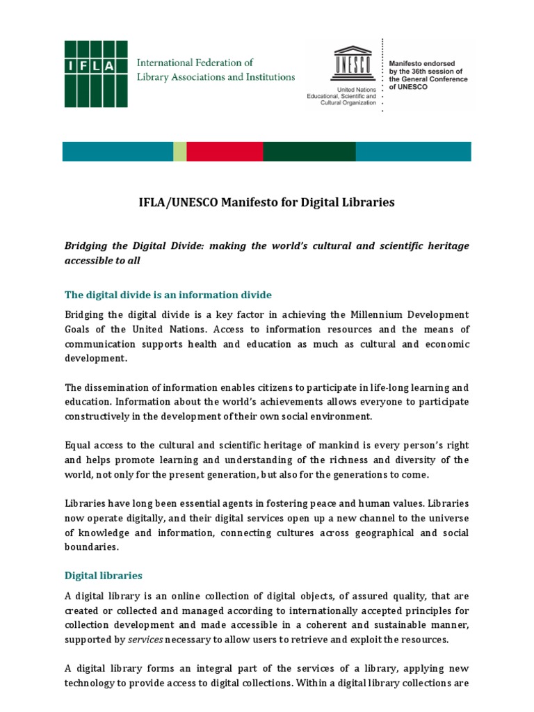 IFLA-UNESCO Manifesto For Digital Libraries | PDF | Preservation (Library And Archival Science ...