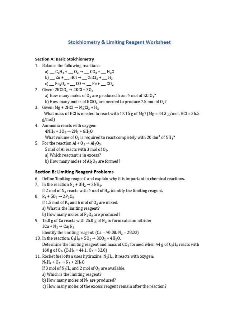 WS Stoichiometry Limiting Reagent - PDF Completed | PDF