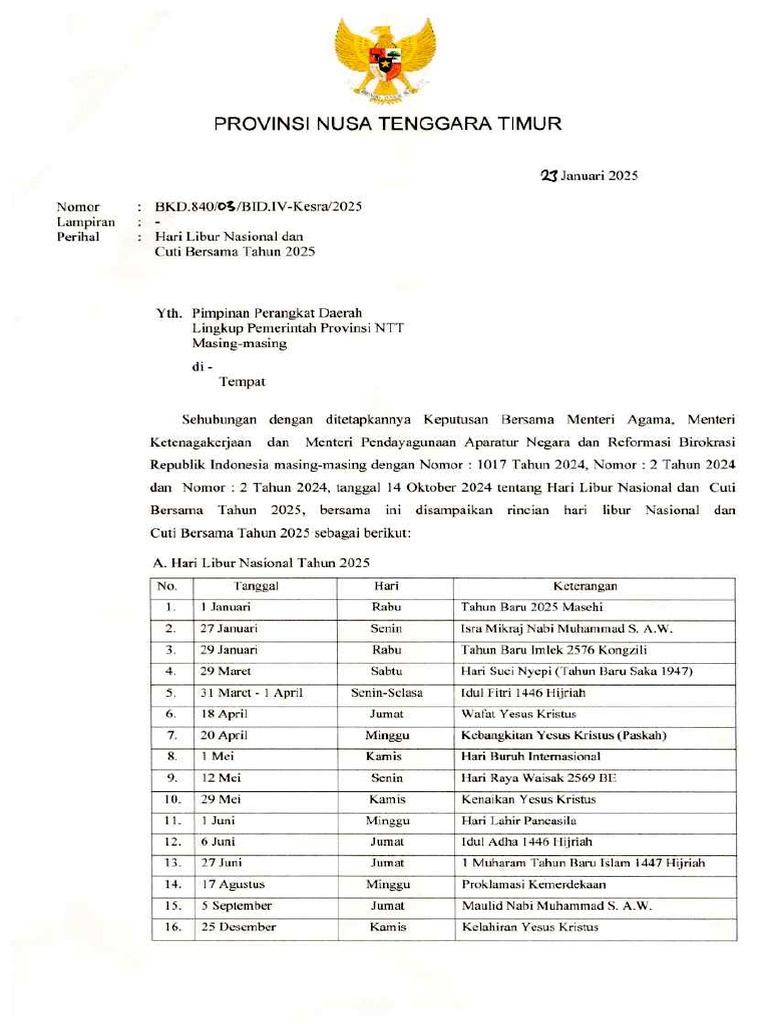 Surat Sekda Prov - NTT TTG Libur Nasional Dan Cuti Bersama Tahun 2025 | PDF