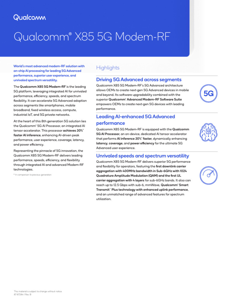 87-87284-1 REV B Qualcomm x85 5G Modem RF Product Brief | PDF | Lte (Telecommunication) | High ...
