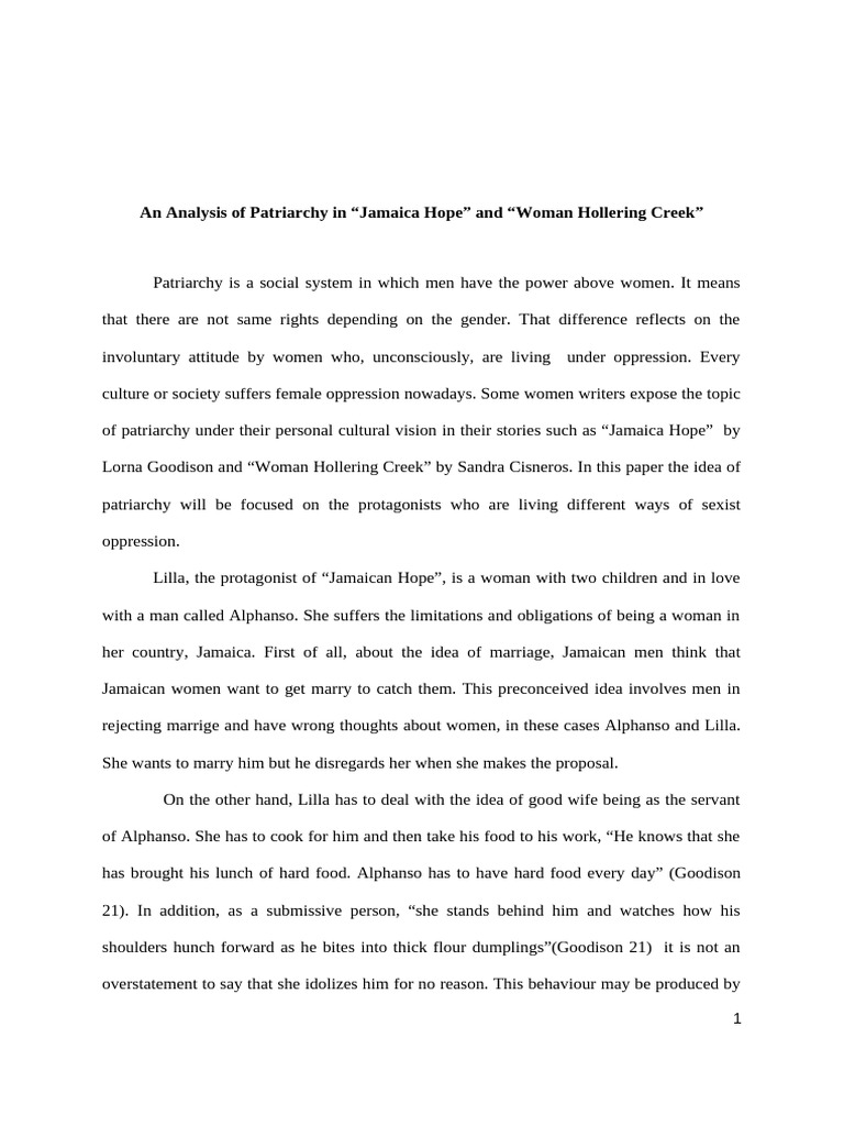 Patriarchy in "Jamaica Hope" & "Woman Hollering Creek" | PDF | English ...