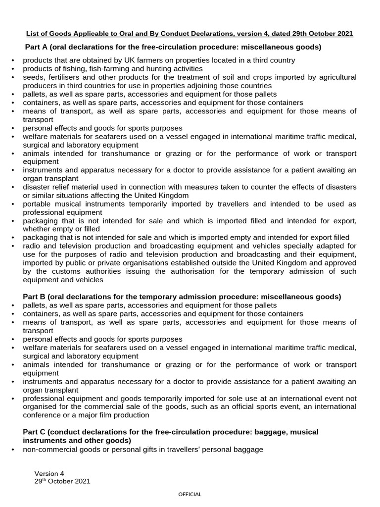 List of Goods Applicable To Oral and by Conduct Declarations Version 4 Dated 29th October 2021 ...