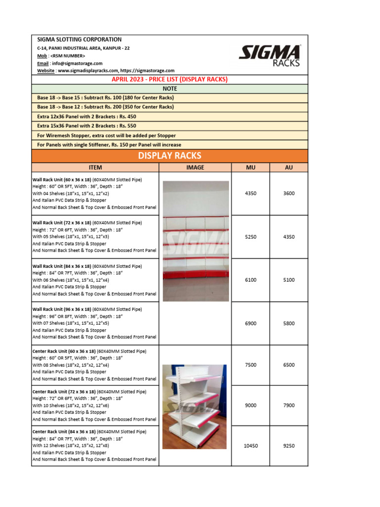 April 2023 - Price List (Display Racks) | PDF