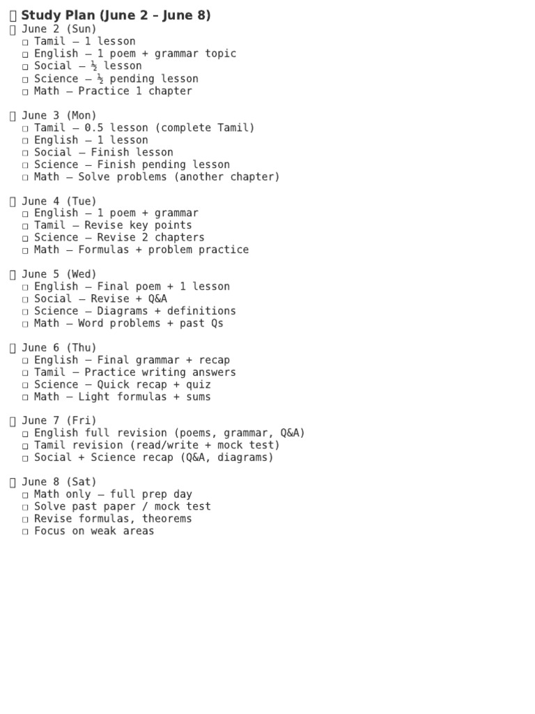 Study Plan June 2 To 8 | PDF