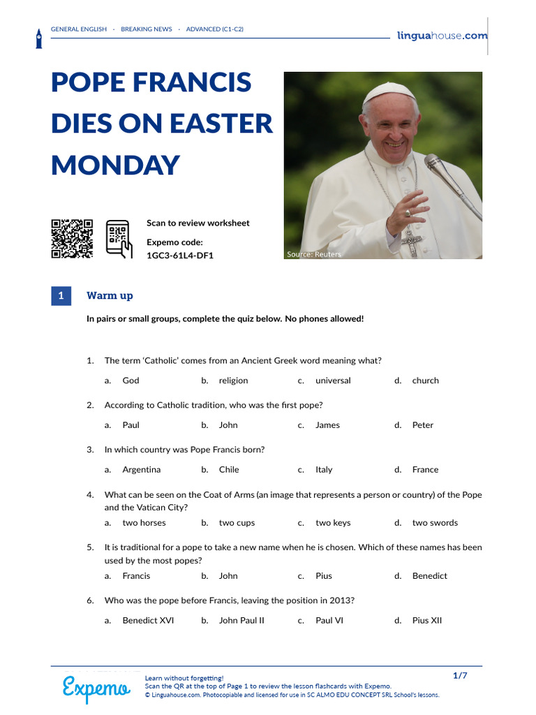 Pope Francis Dies On Easter Monday British English Student C1 C2 2 ...