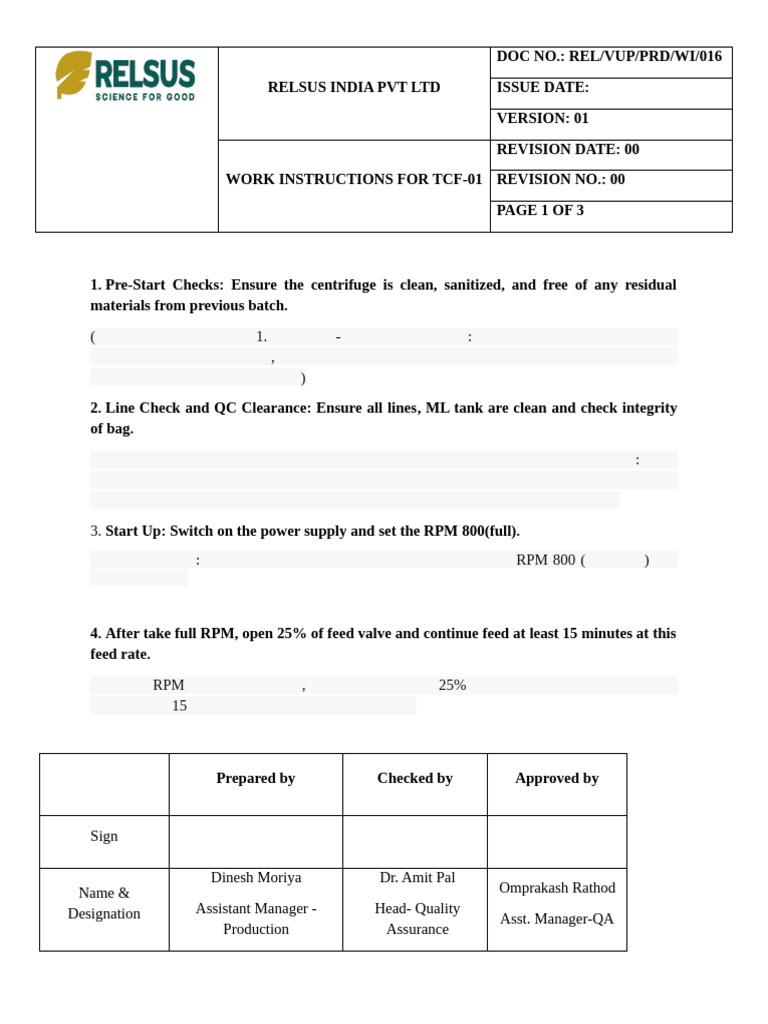 Work Instruction For TCF | PDF
