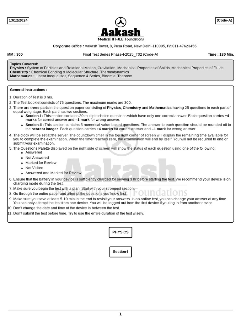 FTS 2 2025 (@aakash - JEE - Test - Paper) | PDF | Chemistry | Physical ...