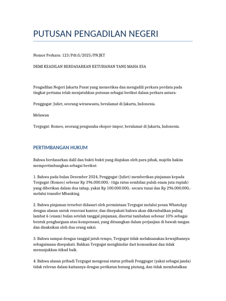 Putusan Perdata Juliet Vs Romeo | PDF