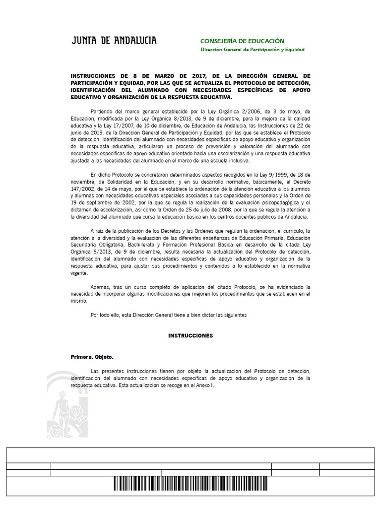 Instrucciones 08-03-2017 - Actualización Protocolo Alumnado NEAE-1 | PDF