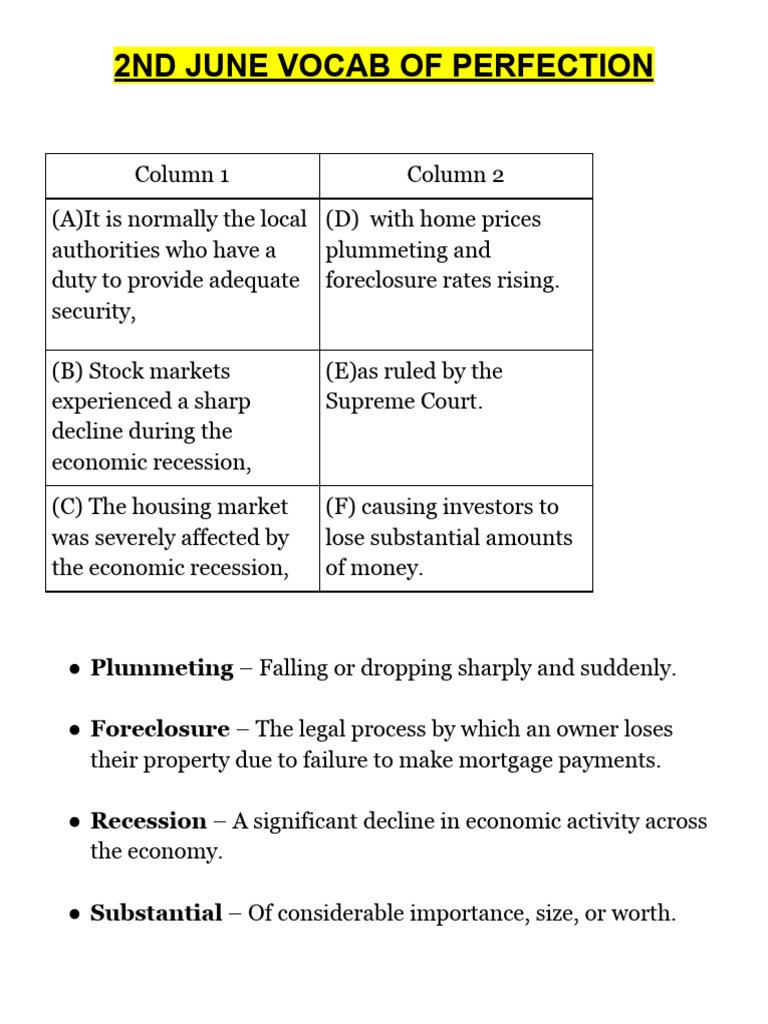 2nd June Vocab of Perfection Class | PDF | Recession | Unemployment