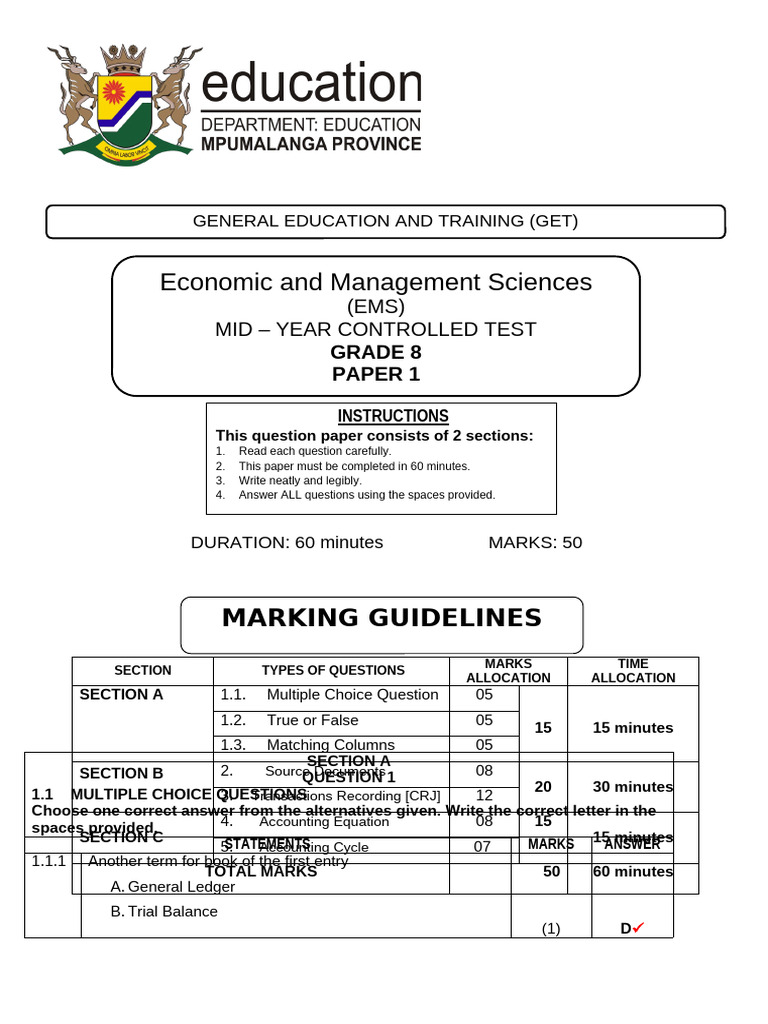 Grade 8 EMS Mid-Year Test Paper | PDF | Debits And Credits | Business