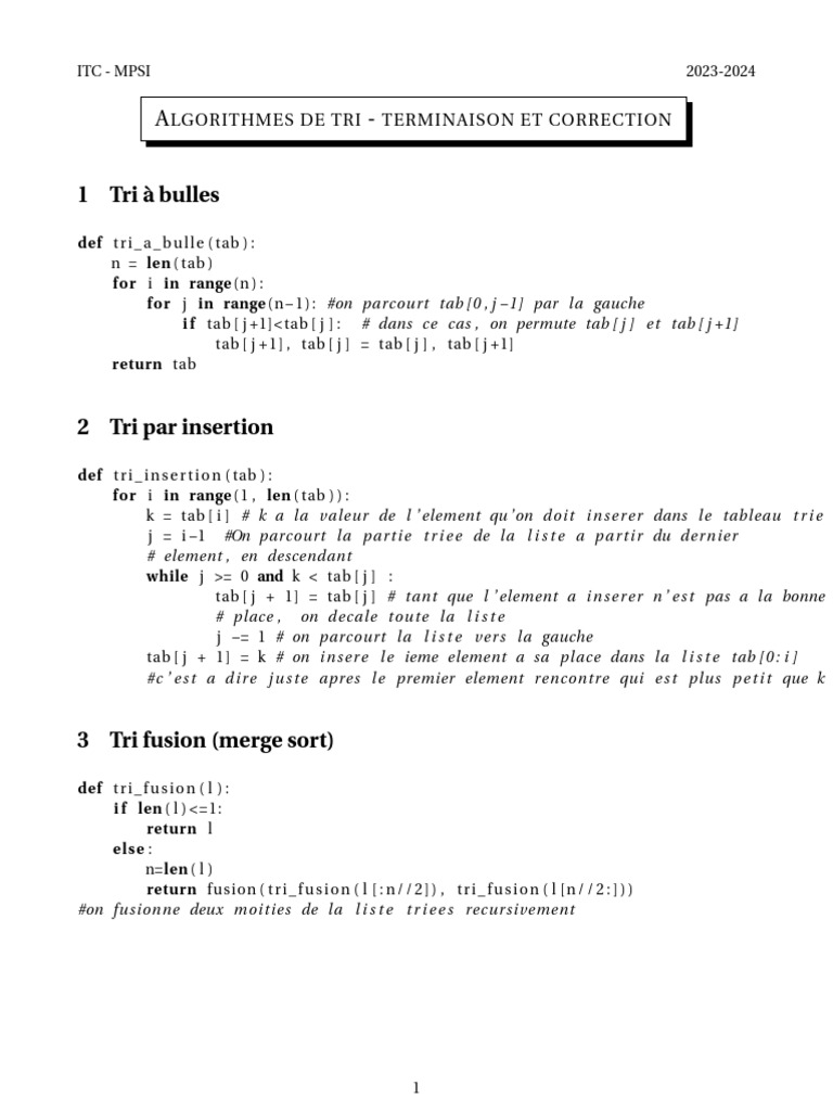 Algorithmes de tri : fusion et correction | PDF