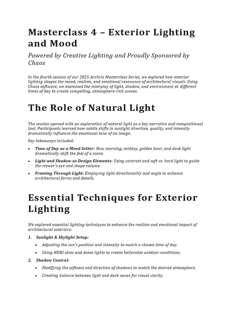 Masterclass 4 - Exterior Lighting and Mood | PDF | Shadow | Lighting