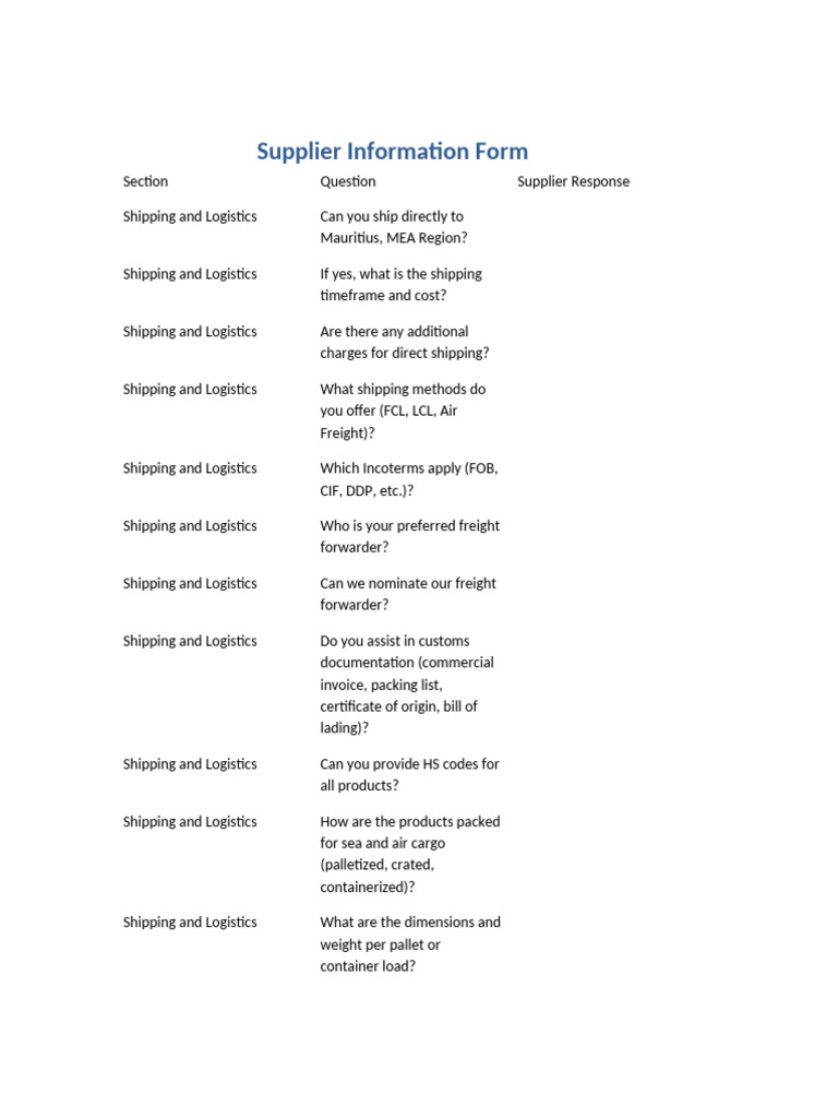 Supplier Information Form | PDF | Cargo | Logistics