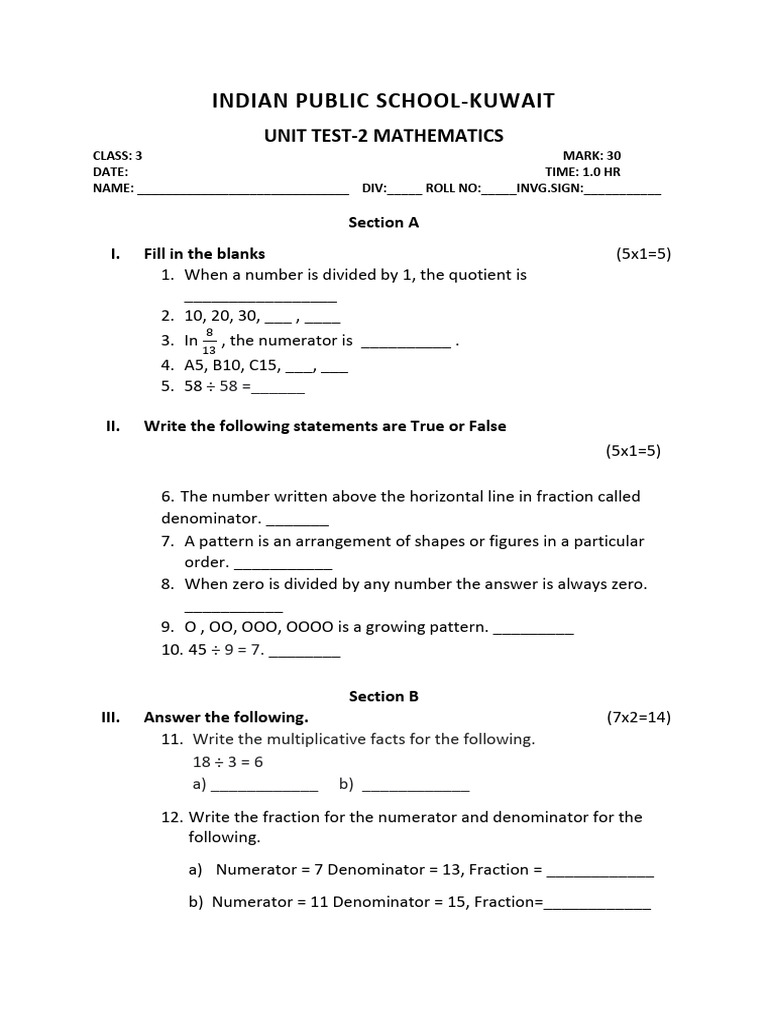 Grade 3 Unit Test 2 Pa-2 | PDF | Chess | Chess Theory