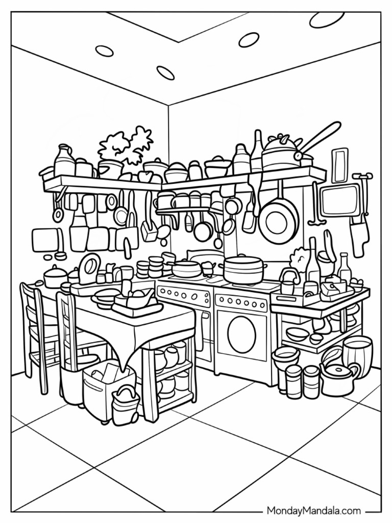 Kitchen Filled With Cooking Utensils Coloring Page | PDF