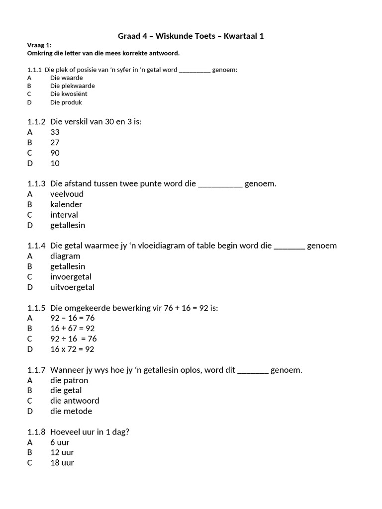 Wiskunde Kwartaal Toets 1 | PDF