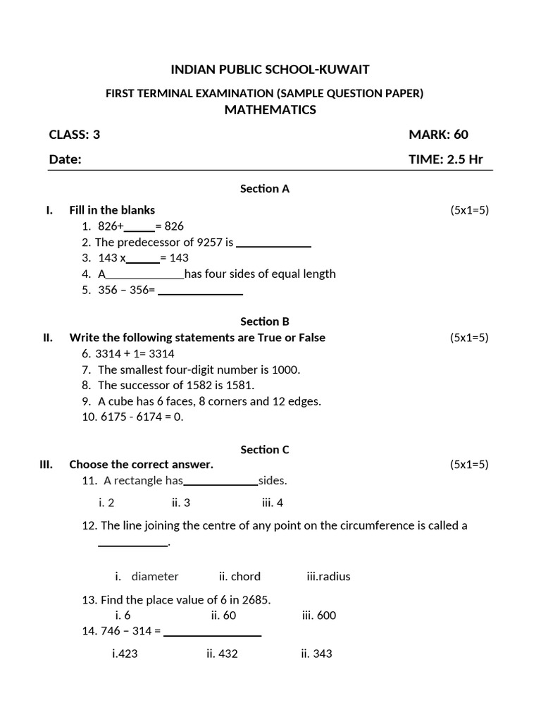3rd Grade Sample Question Paper 1. | PDF | Subtraction | Numbers