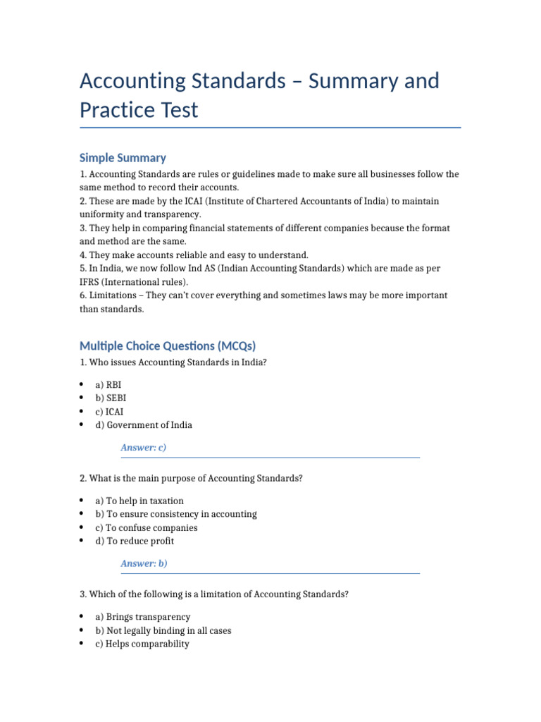 Accounting Standards Notes and Practice Test | PDF | Accounting ...