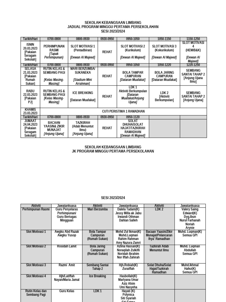 Program Minggu Pertama Persekolahan 2023 | PDF
