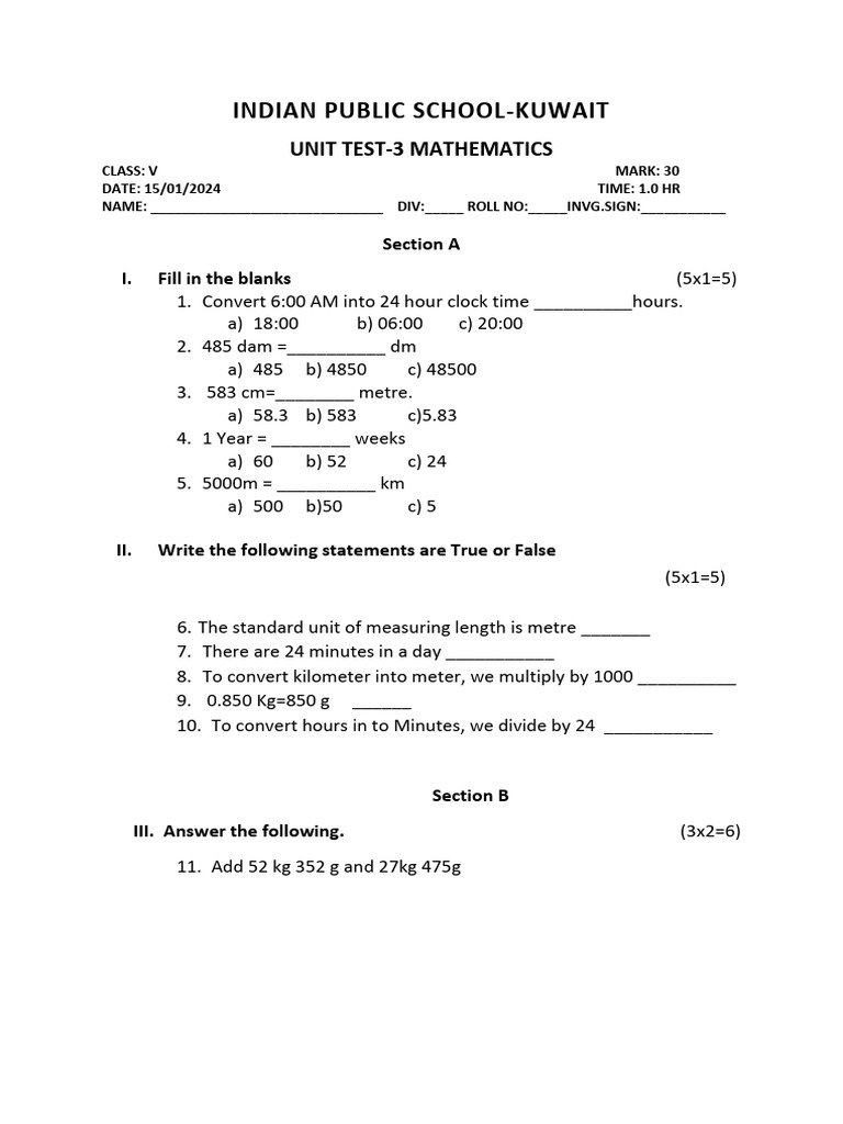 Class V Mathematics Unit Test 3 | PDF
