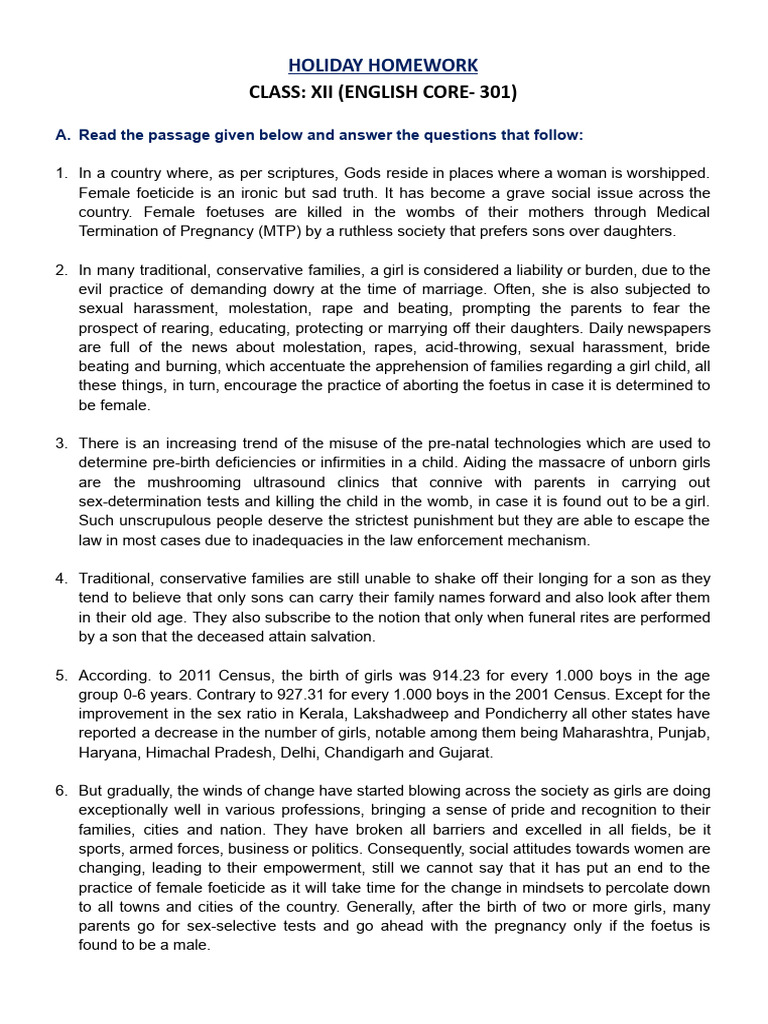 Class Xii Holiday Homework 2024-25 | PDF