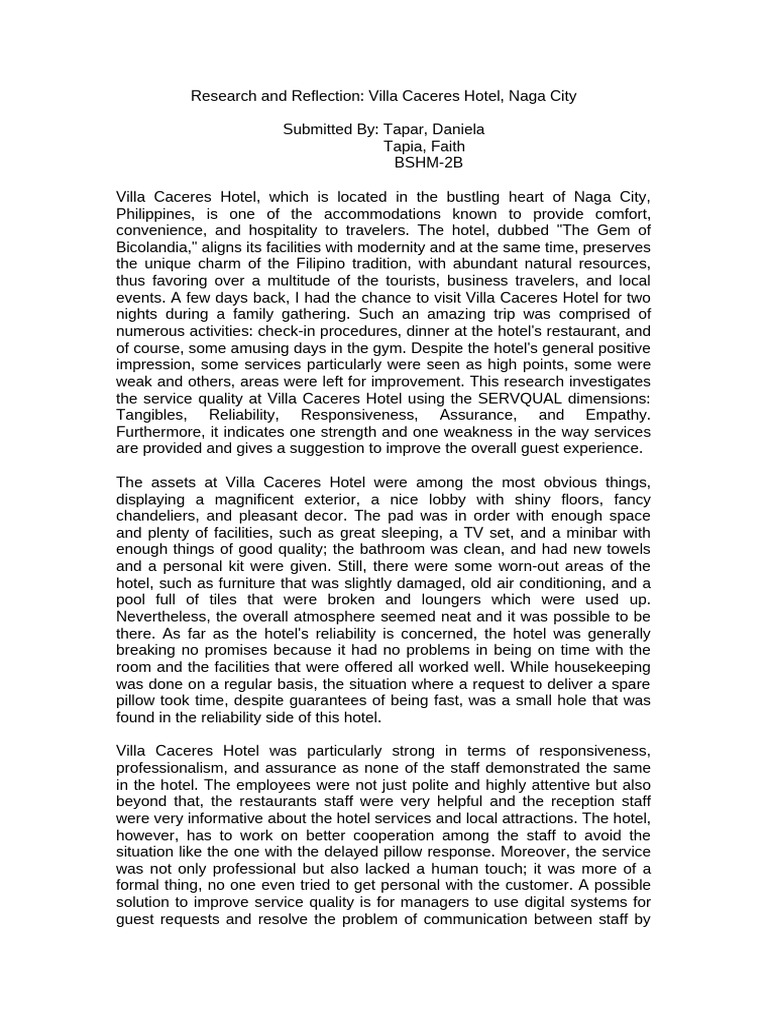Research and Reflection | PDF | Hotel