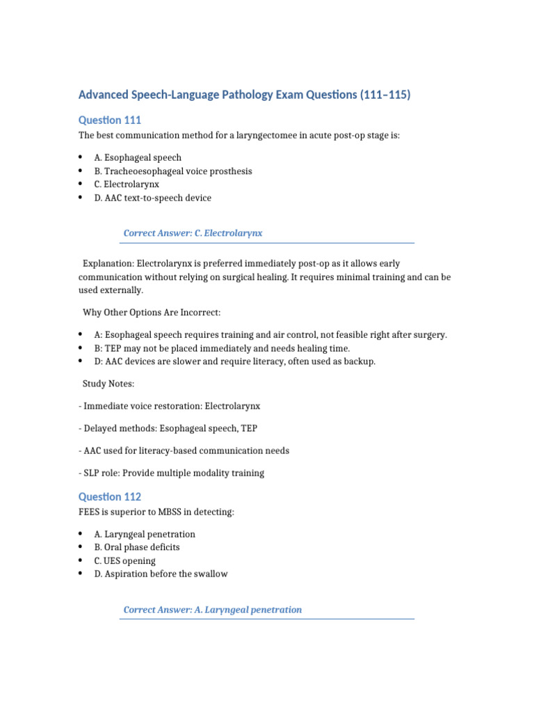 SLP Exam Questions 111 To 115 | PDF | Lateralization Of Brain Function ...