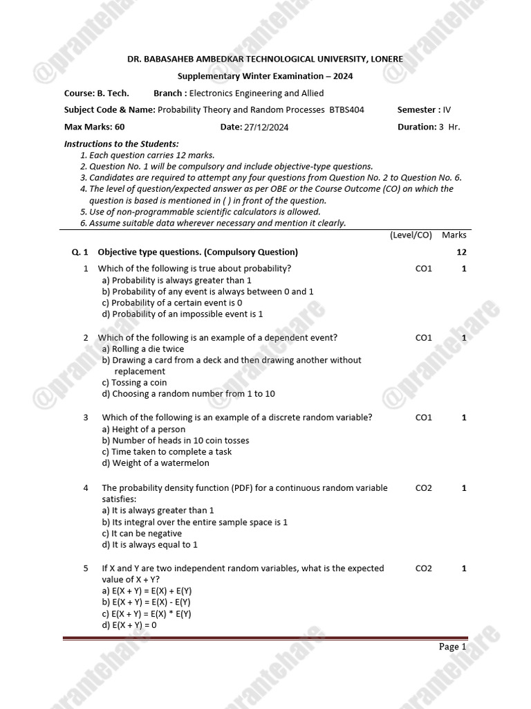 B.Tech Probability Theory Exam 2024 | PDF | Random Variable | Expected ...