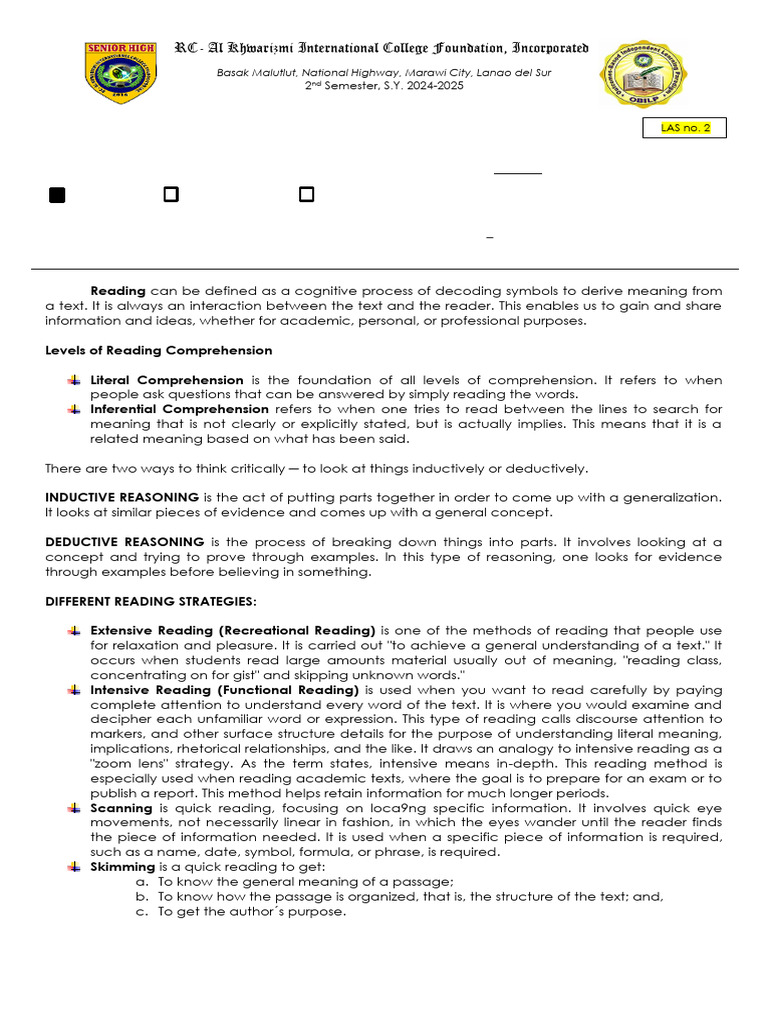 RWS Learning Activity Sheets JAN | PDF | Reading Comprehension | Semantics
