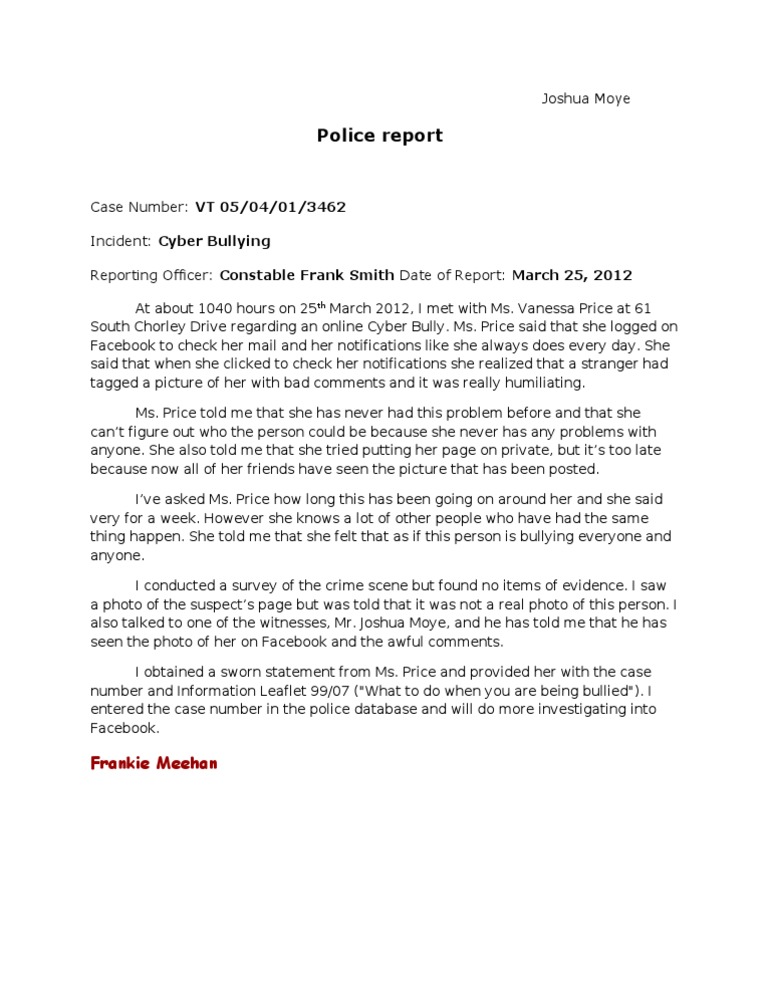 Cyber Bullying Police Report Summary | PDF