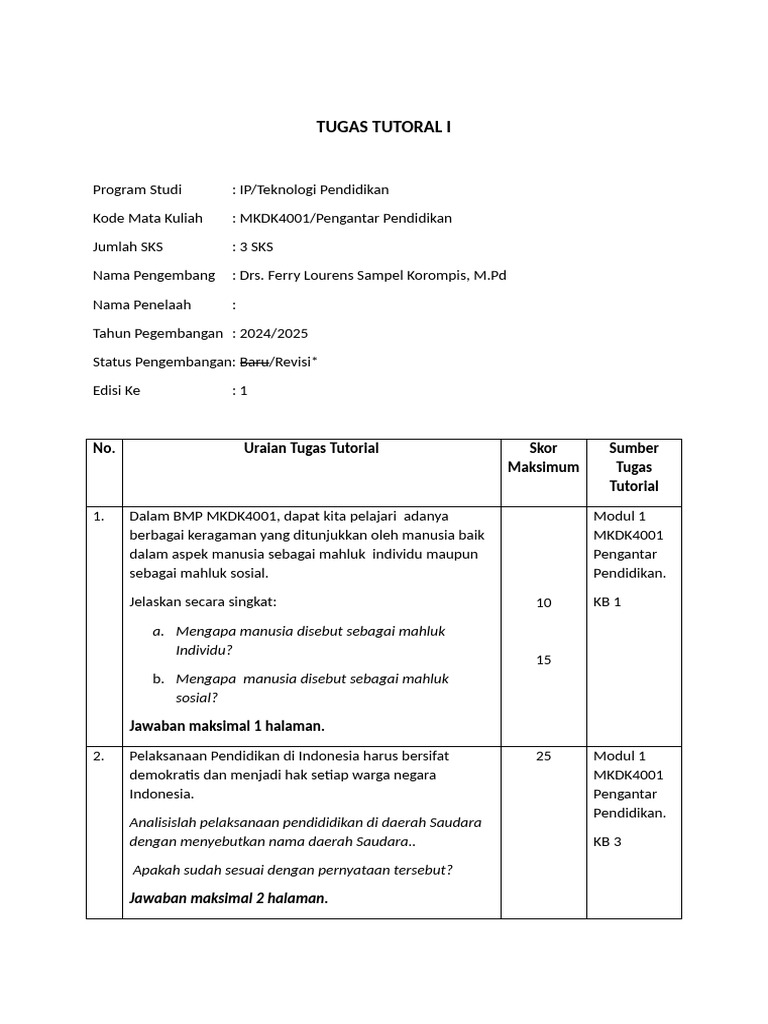 Tugas Tuton 1 Pengantar Pendidikan | PDF