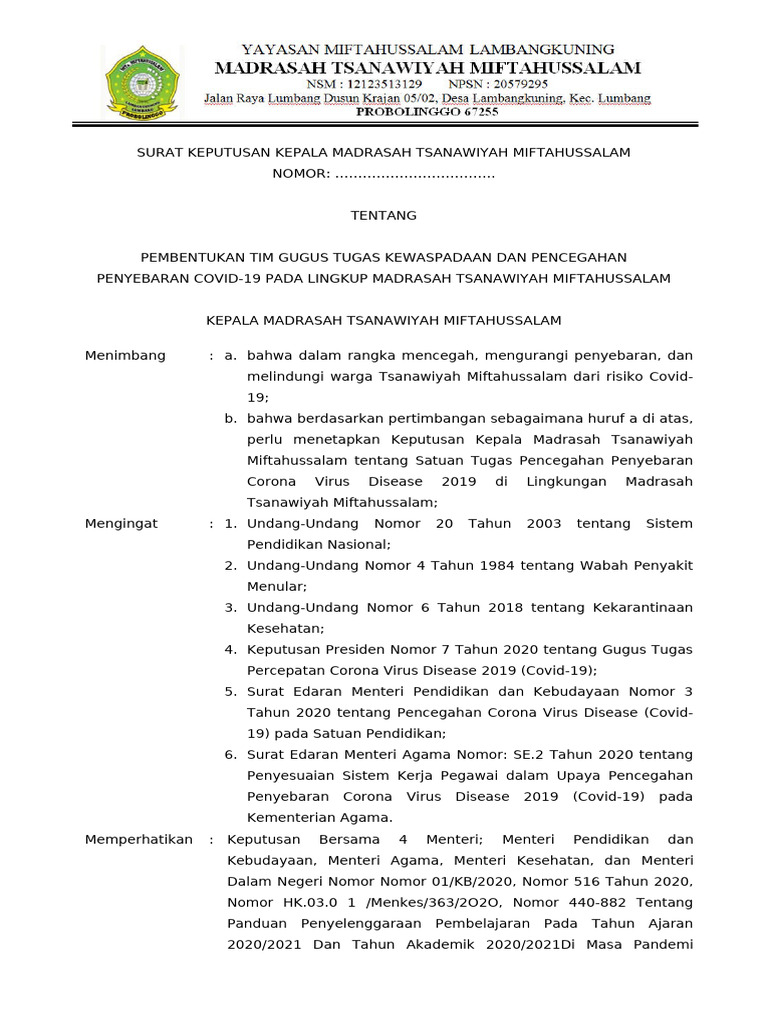 SK Tim Pencegahan Covid-19 - Kami Madrasah | PDF