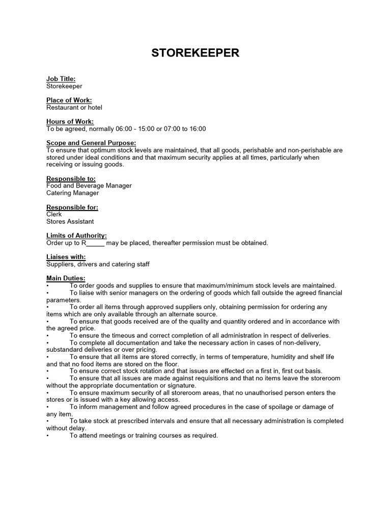 Hotel Storekeeper Job Responsibilities | PDF
