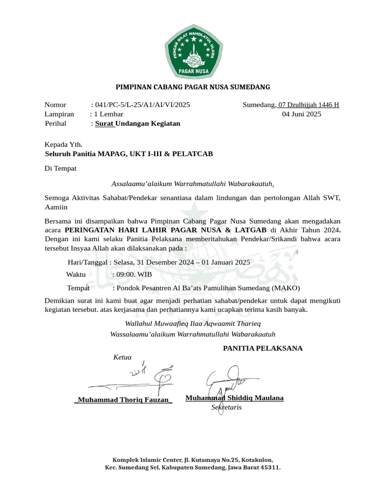 Surat Undangan Nanda Saputra HARLAH & LATGAB | PDF