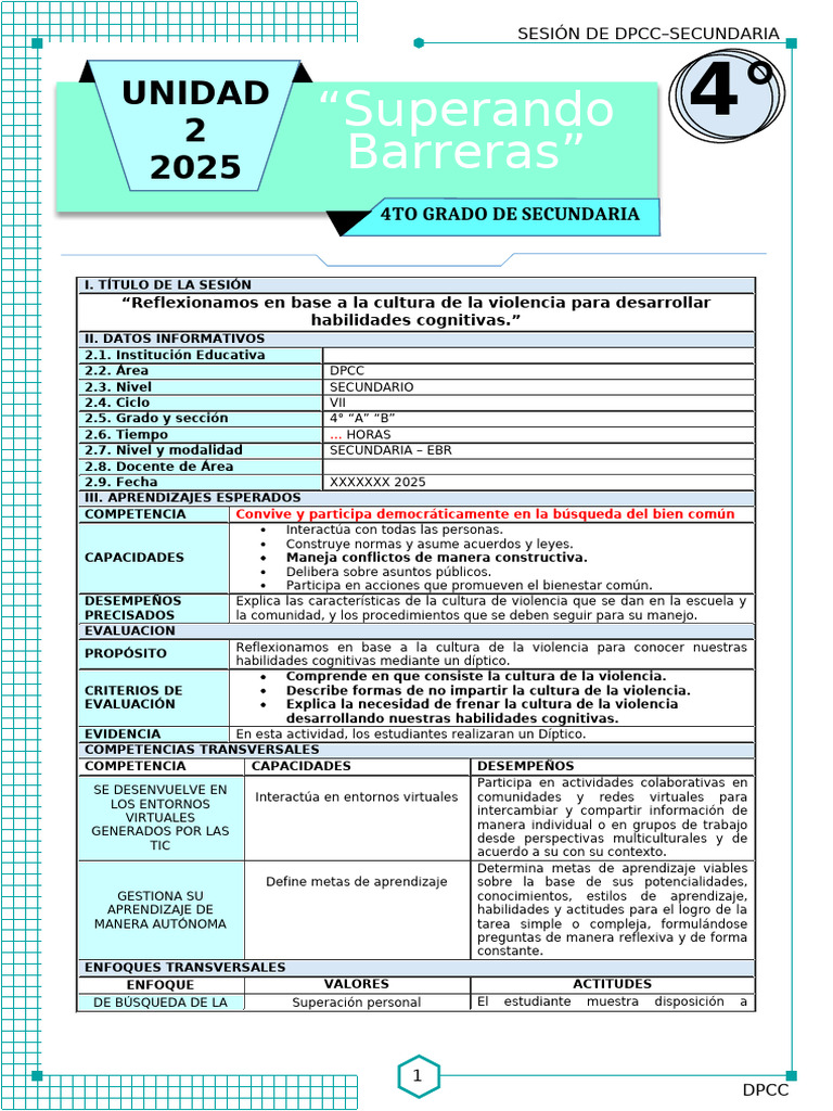 5 Sesion Sem 3 Uni 2 - DPCC 2025 - 4ºgrado | PDF | Aprendizaje | Evaluación