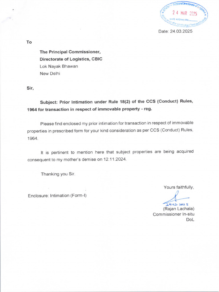 Prior Intimation Under Rule 18(2) of the CCS (Conduct) Rules, | PDF ...