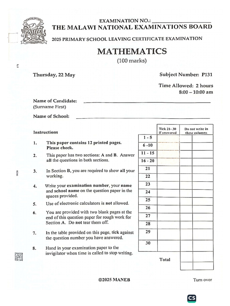 Maneb Math 2025 | PDF