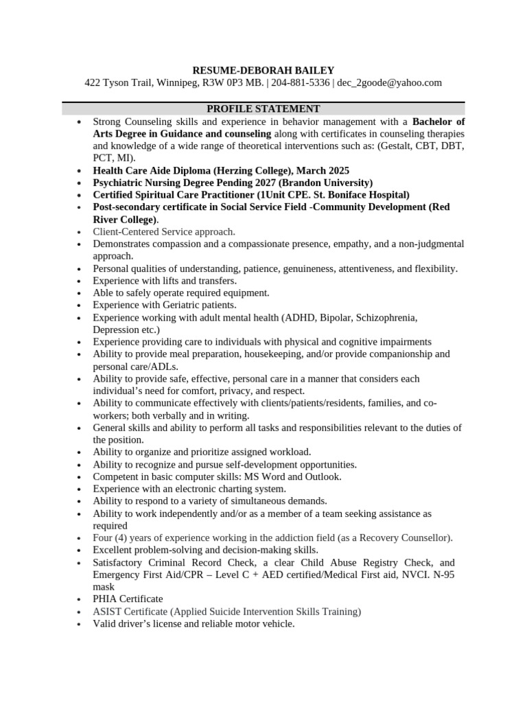 Resume - Deborah B. Health Care Aide - Access St. Boniface Requisition ...
