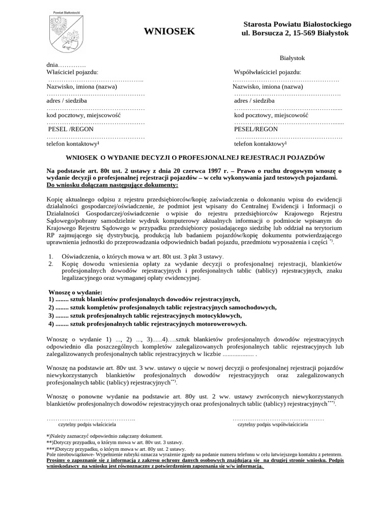 1 Wniosek o Rejestracje Prof 1 2 | PDF