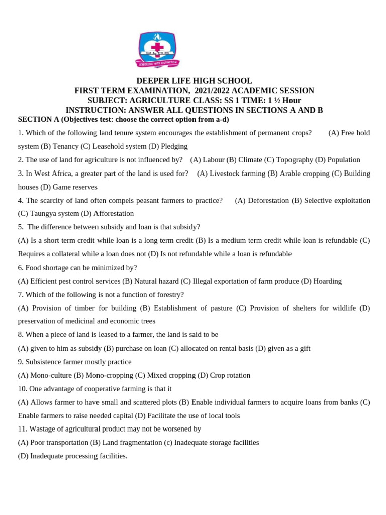Ss 1 Agricultural First Term Exam 2021-2022 | PDF | Agriculture | Soil