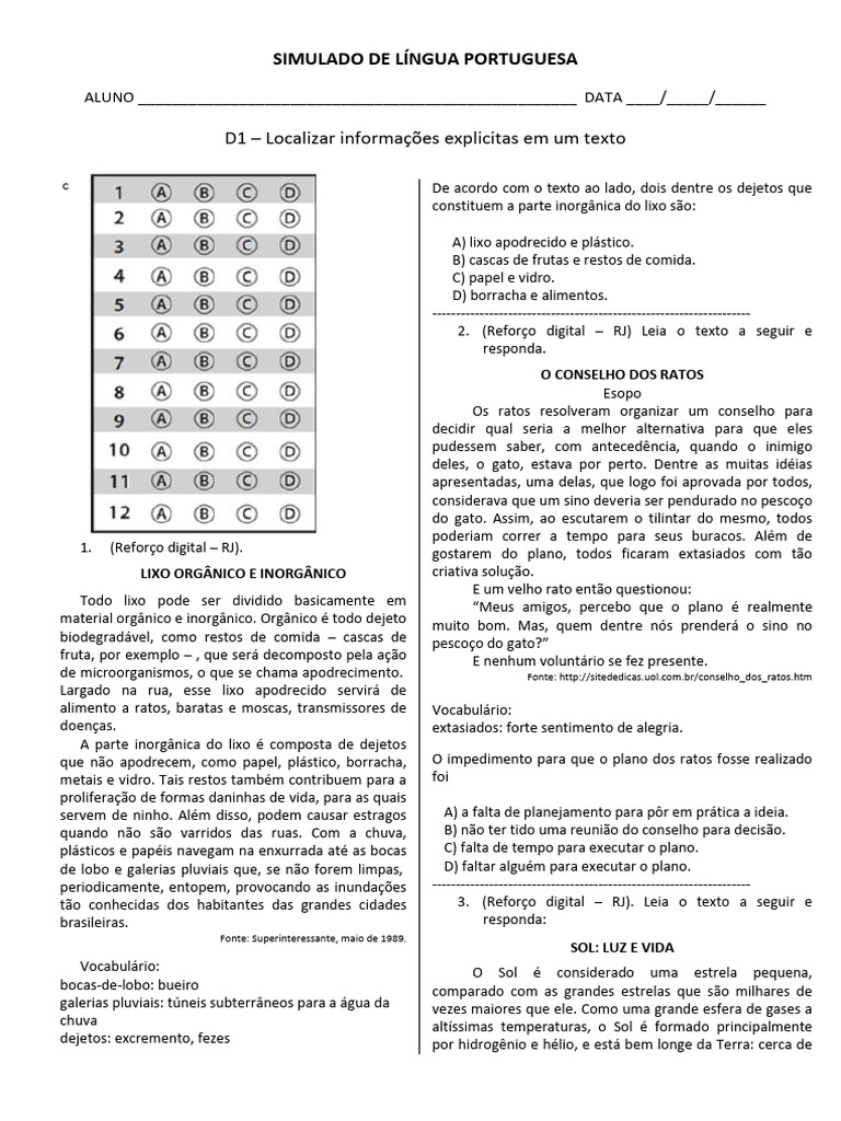 SIMULADO_1_-_D1_-_LÍNGUA_PORTUGUESA[1] | PDF | Sol | Terra