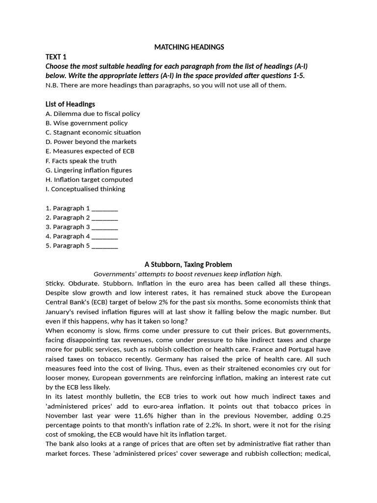 Matching Headings Extra Practice | PDF | Cost Of Living | Inflation