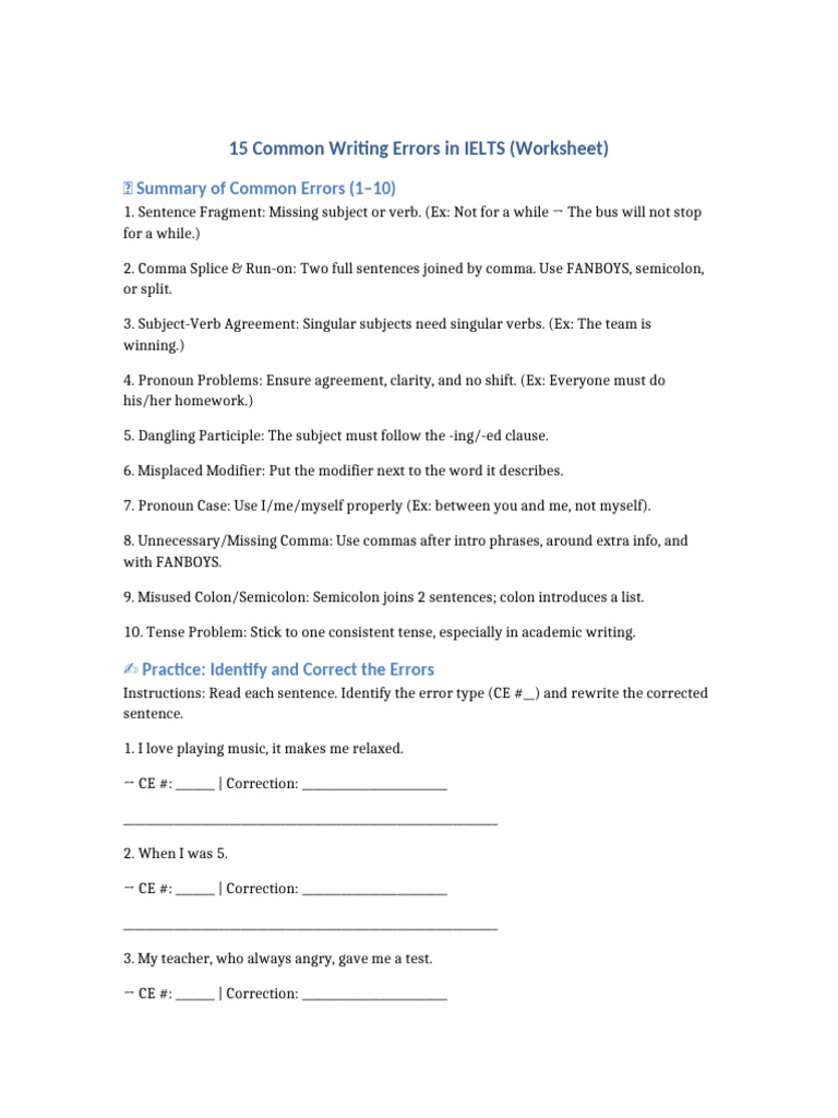 IELTS Common Errors Worksheet | PDF | Verb | Comma