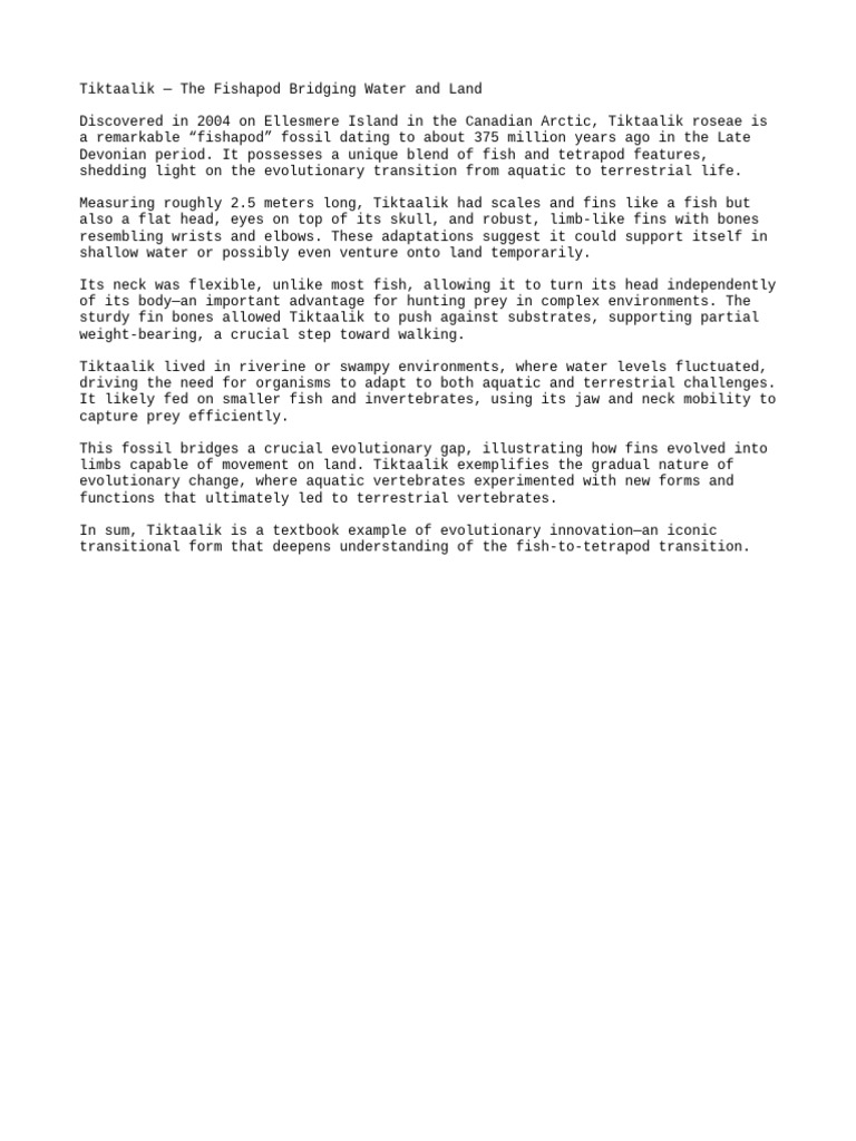 Tiktaalik - The Fishapod Bridging Water and Land | PDF